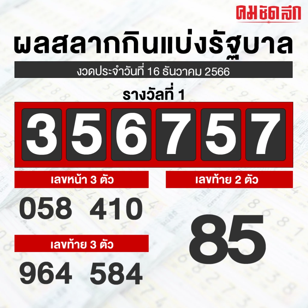 'ตรวจหวย' 16/12/66 ตรวจหวยงวดนี้ ผลสลากกินแบ่งรัฐบาล งวด 16 ธ.ค. 2566